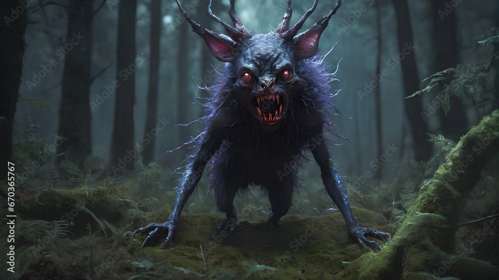 symphony of monstrous beings wandering through the forest, evoking fear ...