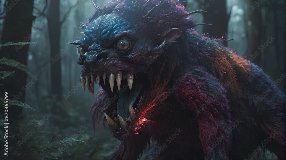 symphony of monstrous beings wandering through the forest, evoking fear ...