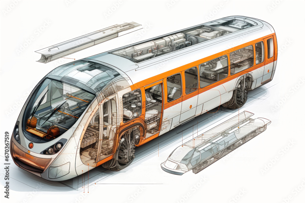 Projection of a modern train or electric locomotive. 3D graphic ...