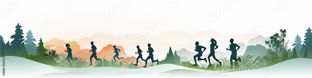 marathon, runners running in nature drawing flat graphics background ...