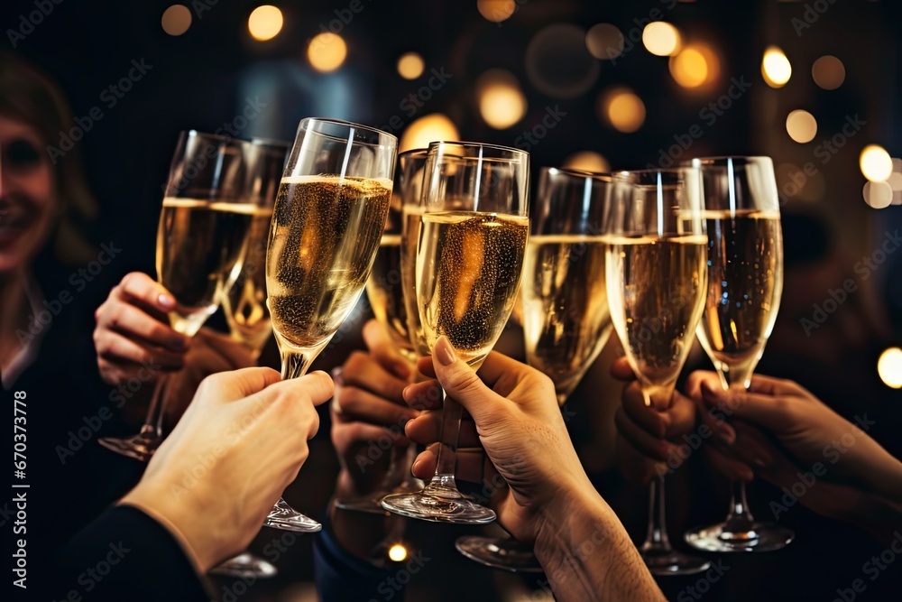 People raising glasses for a midnight toast with sparkling wine ...