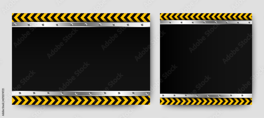 police line border with metalic plate. hazard black and yellow striped ...