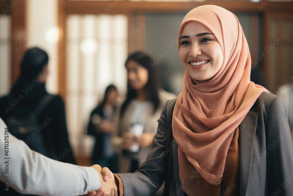 Picture of woman wearing hijab shaking hands with man. This image can ...