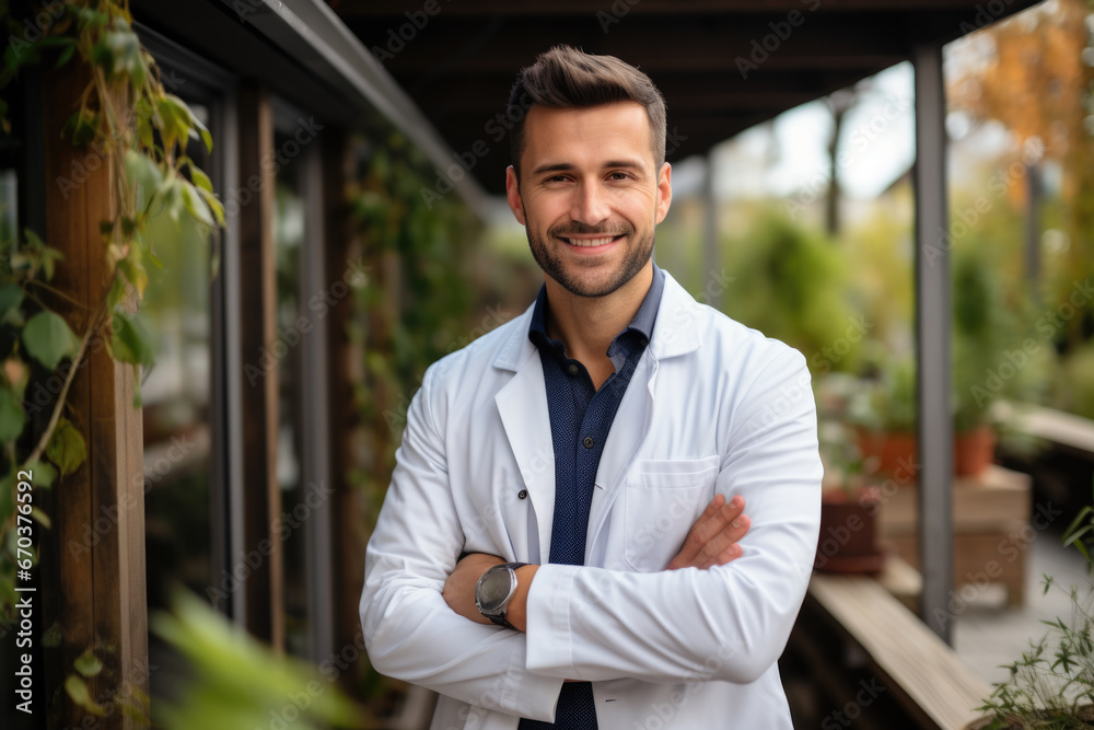 Man wearing white lab coat stands outside. This image can be used to ...