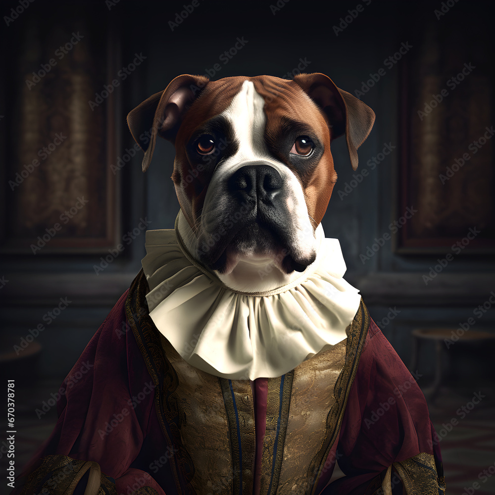 Realistic lifelike Boxer dog puppy in renaissance regal medieval noble ...