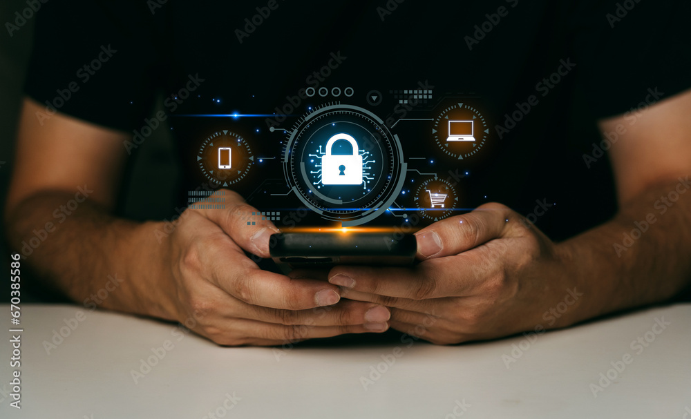 Cyber security concept, man hand protection network with lock icon and ...