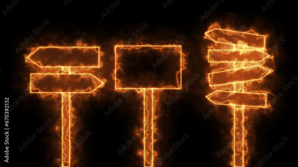 Fire effect signboard. glowing signboard. Road traffic sign. Blank ...