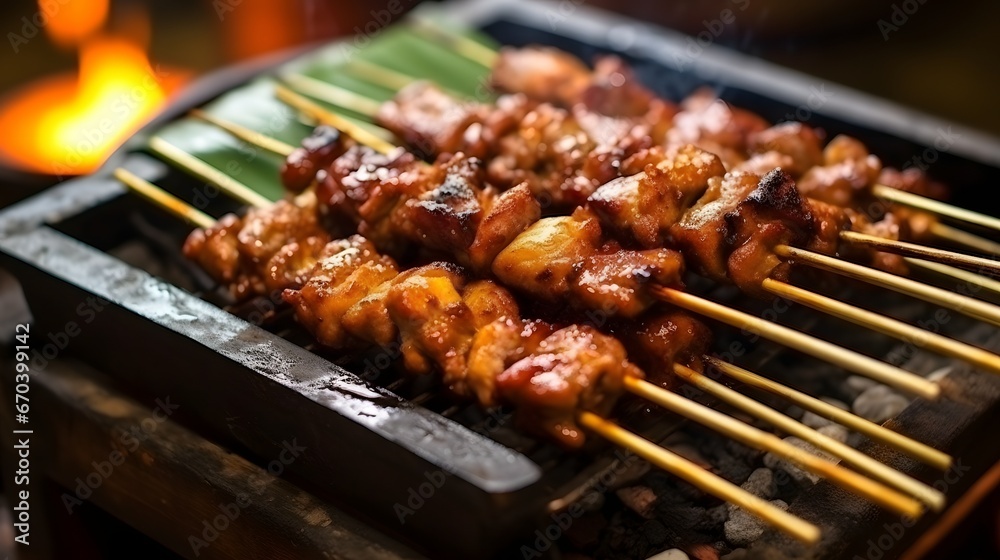 indonesian sate sticks made of chicken on mini presentation grill on ...