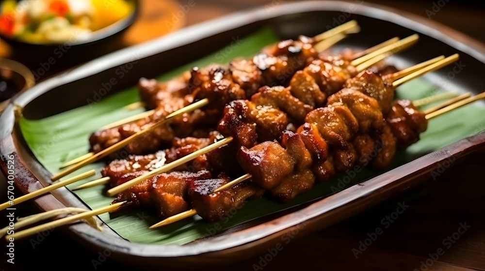 indonesian sate sticks made of chicken on mini presentation grill on ...