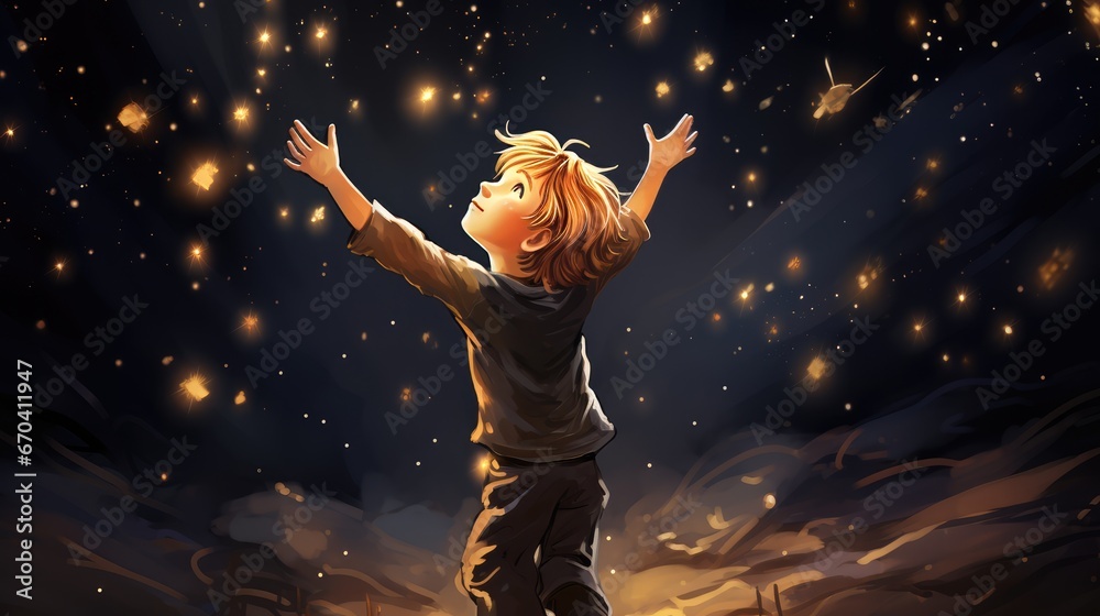 Cartoon little boy reaching for the stars, AI generated Image Stock ...