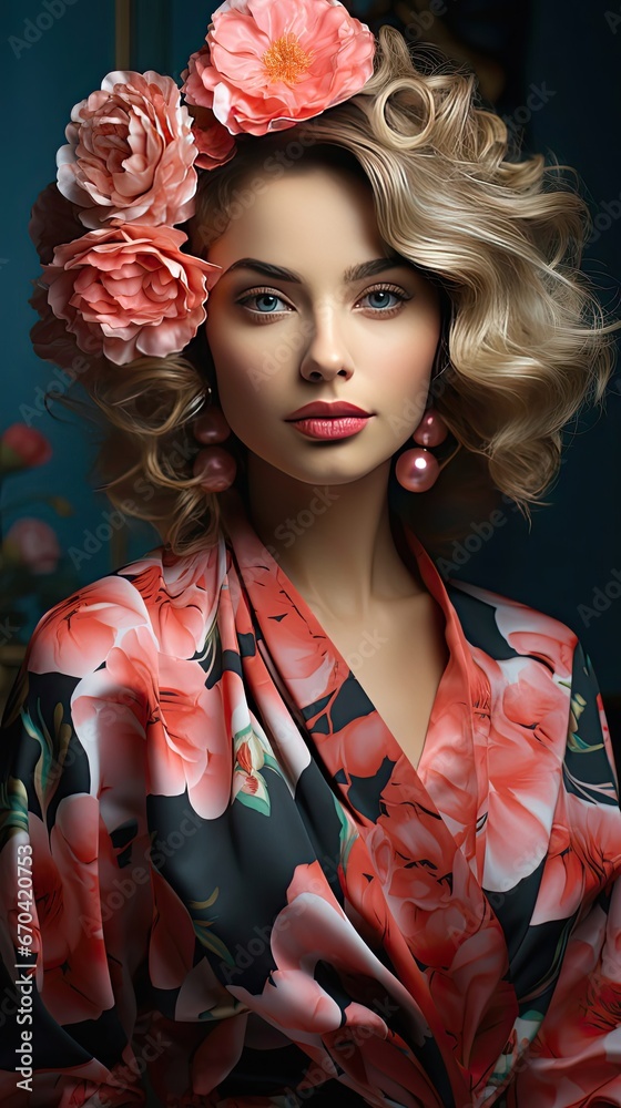 Fashion portrait with pink and green. a beautiful glamor model with ...