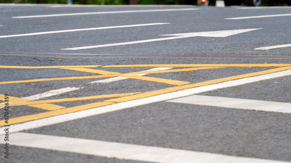 Yellow road markings close-up, waffle road markings at intersection ...