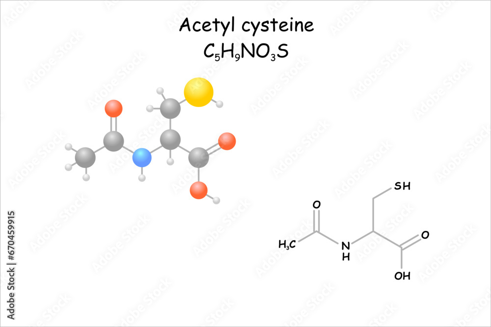 Acetyl cysteine. Stylized molecule model and structural formula ...