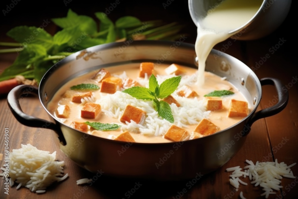 pouring paneer butter masala over fluffy basmati rice Stock Photo ...