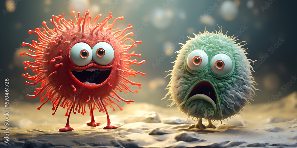 Surreal colorful fluffy creatures monsters two teeth and eyes, Microbes and viruses germ ...