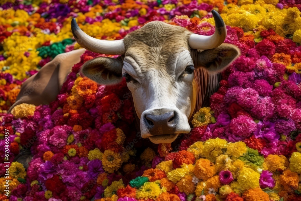 Bull flowers colorful sitting. Nature bovid animal in huge floral ...