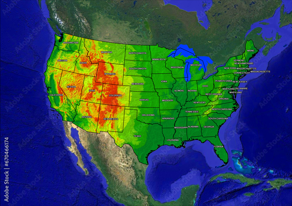 United States USA highlighted Relief map Hill shade 3D Rendering with ...