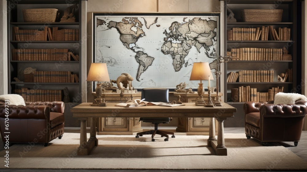 Geologist work desk. On his desk are: map case, geological hammer ...