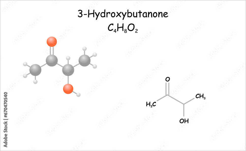 Stylized molecule model/structural formula of 3-Hydroxybutanone. Stock ...