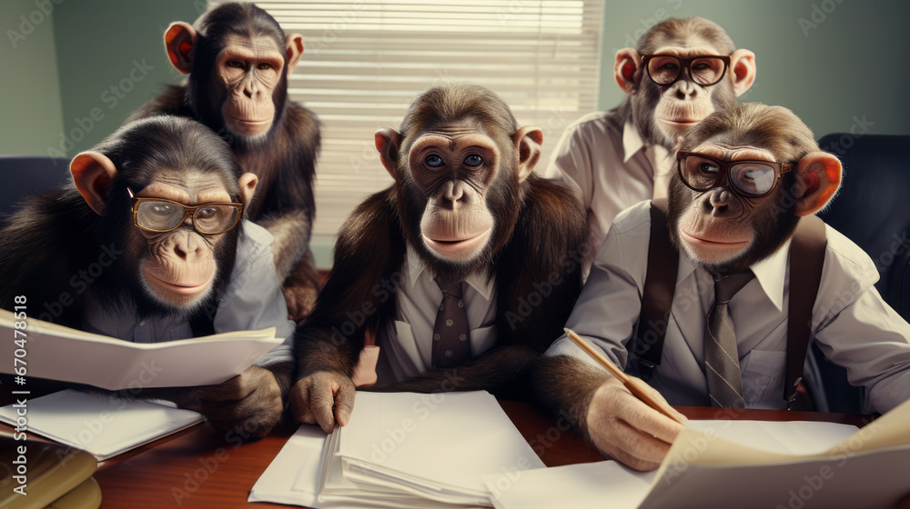Monkey business, monkeys sitting in an office, wearing business attire ...