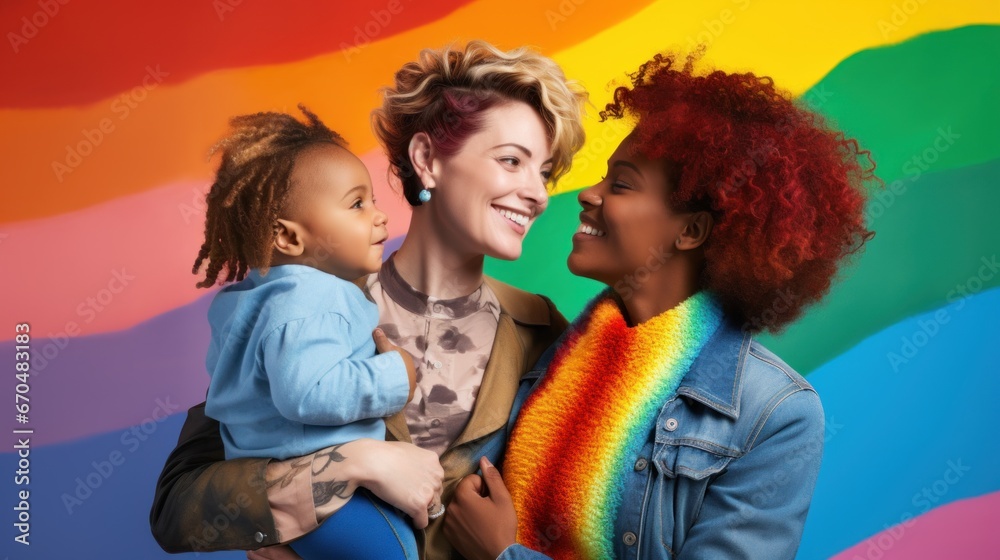 happy lesbian couple female parents with children on rainbow background ...