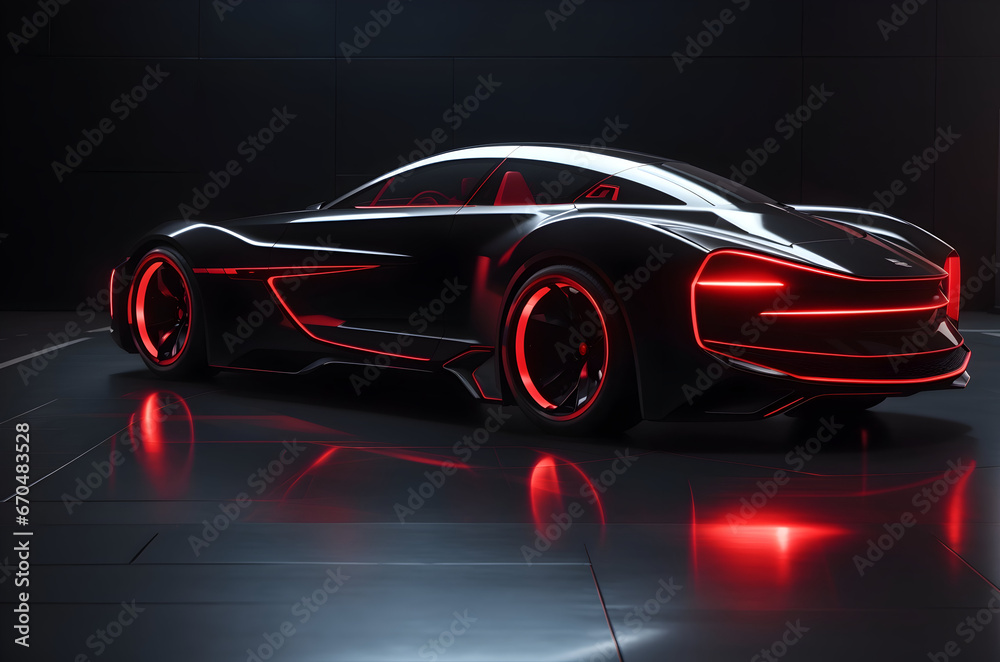 A red in gold car with a red light on it sits on a black surface. The ...