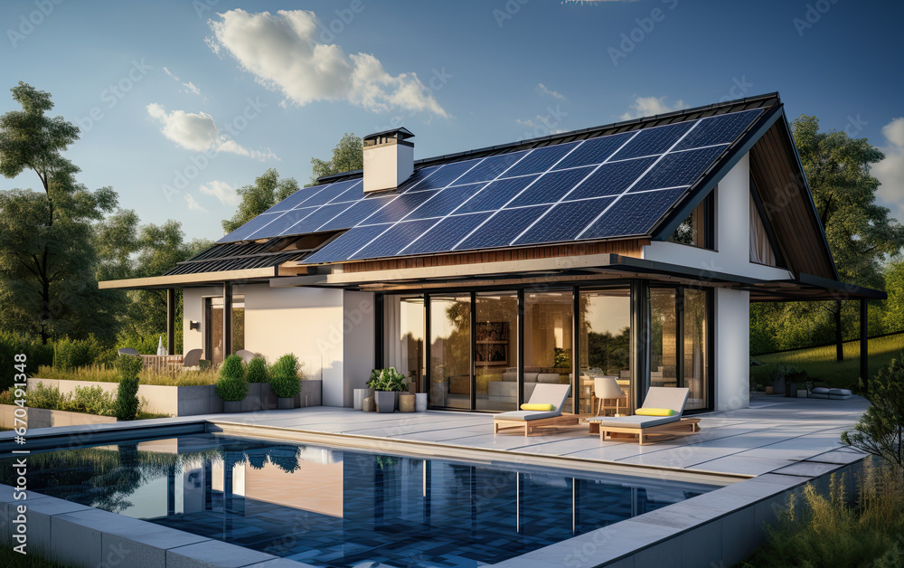 Modern Home with Solar Panels: A luxurious, sustainable home boasts a ...