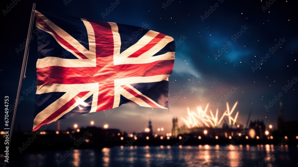 Guy Fawkes Night Bonfire festive background with United Kingdom flag ...