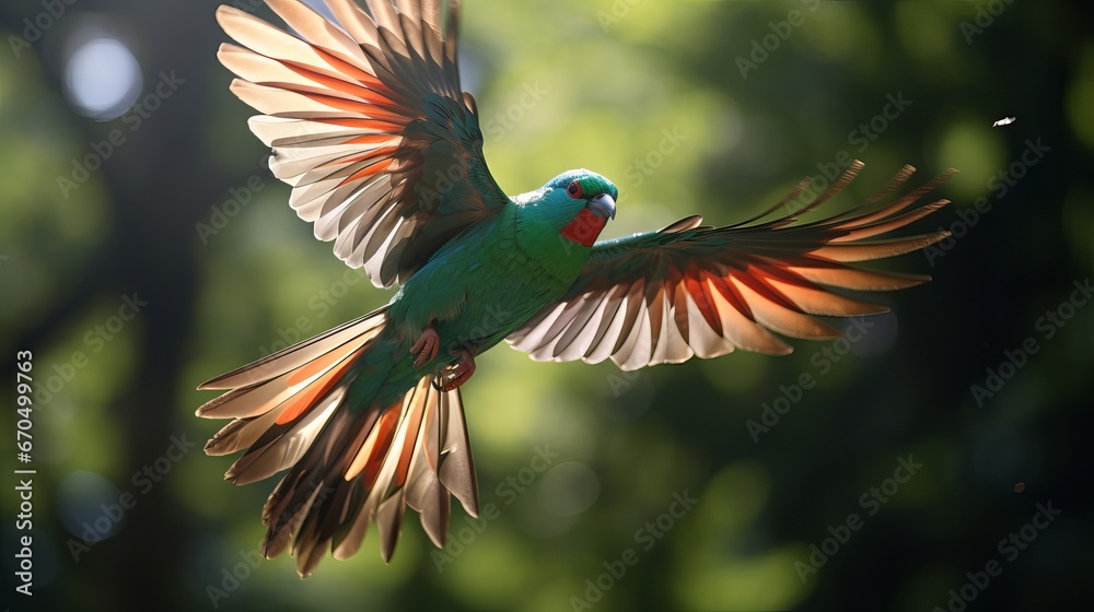 Flying Brilliant Quetzal, Pharomachrus mocinno, with green timberland ...