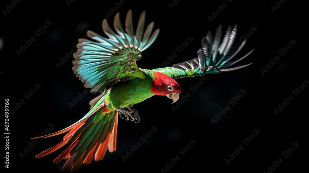 Flying Brilliant Quetzal, Pharomachrus mocinno, with green timberland ...