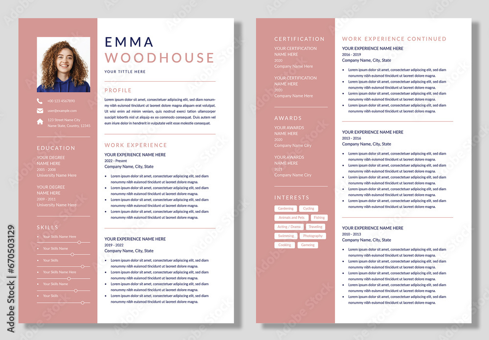 Pink Minimal Resume Template Layout Stock Template | Adobe Stock