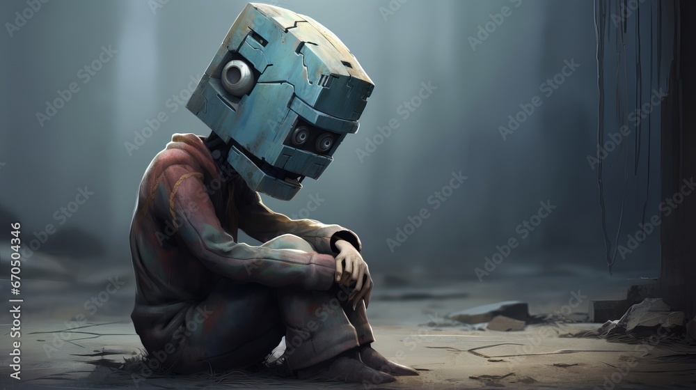 An emotional depiction of a sad and lonely robot with a moody face ...