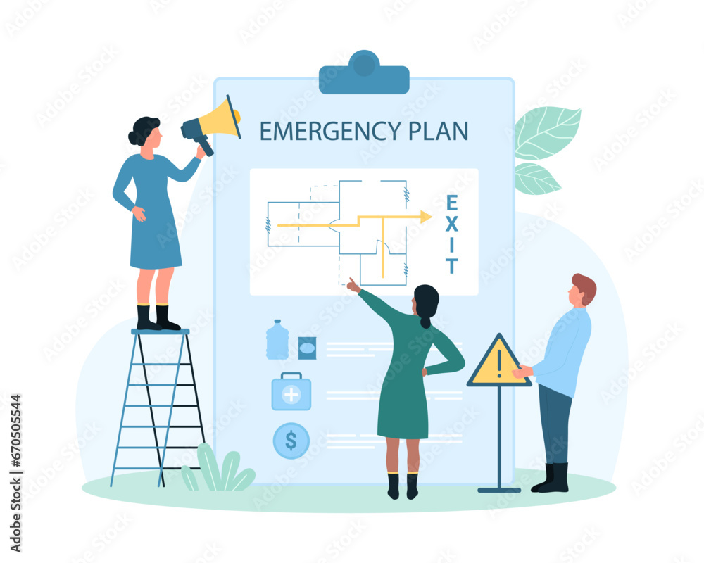 Procedure of evacuation, emergency map vector illustration. Cartoon ...