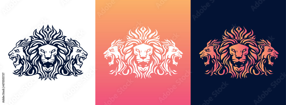 Lion King heads mascot front and side view company logo vector line art ...
