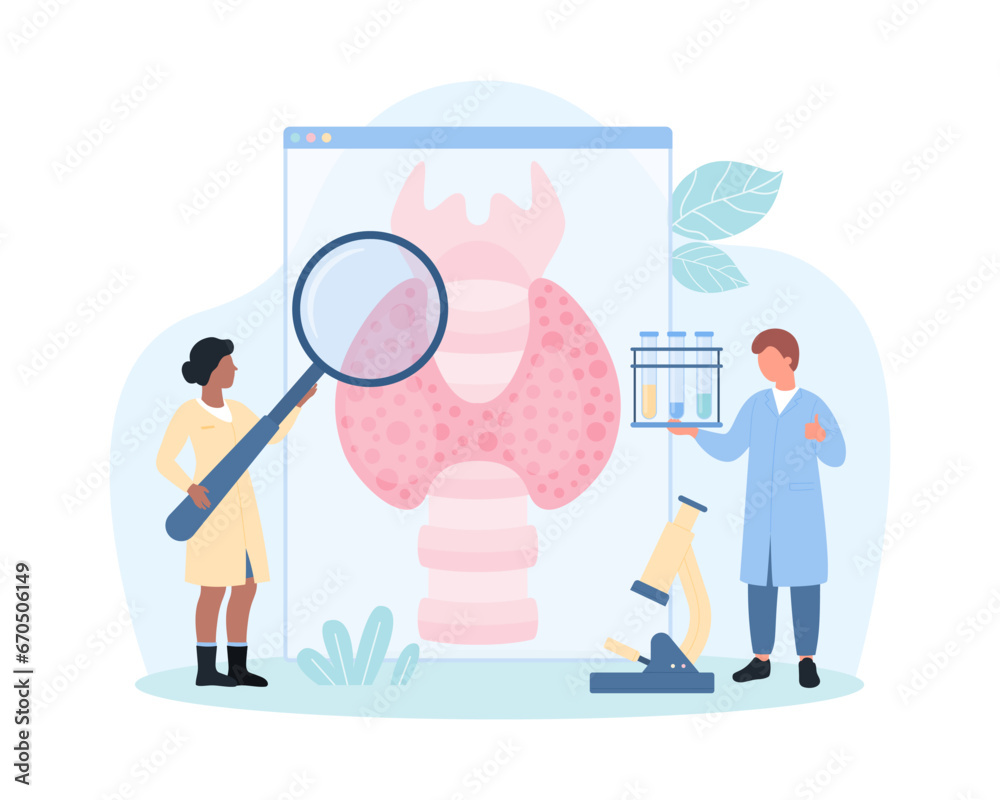 Diagnosis of thyroid disease vector illustration. Cartoon tiny doctors ...