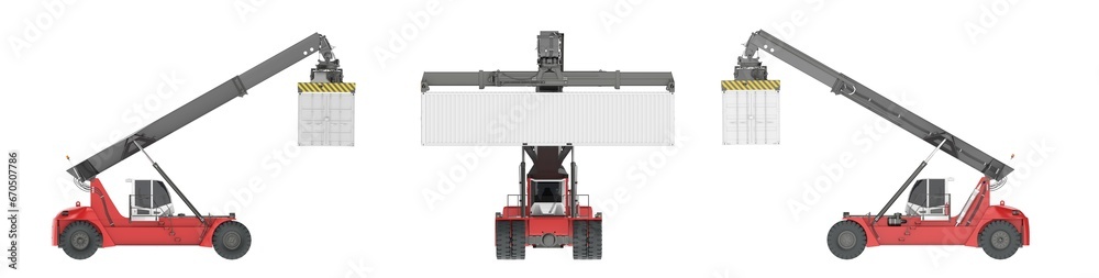 The red reach stacker (loader) lifts and loads a white sea container ...