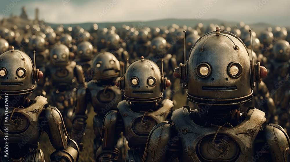 A vintage-style formation of marching AI robots, representing a large ...