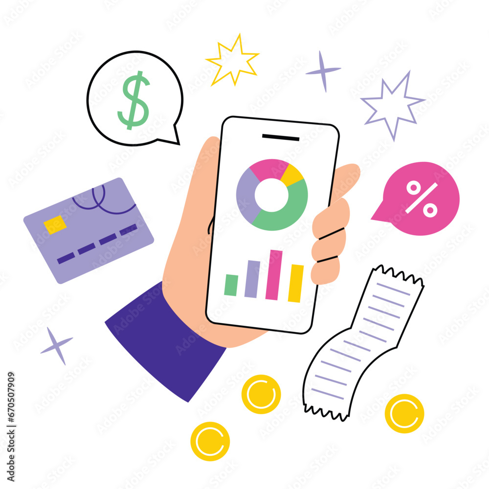 Finance control hand drawn composition, expense tracker in mobile bank ...