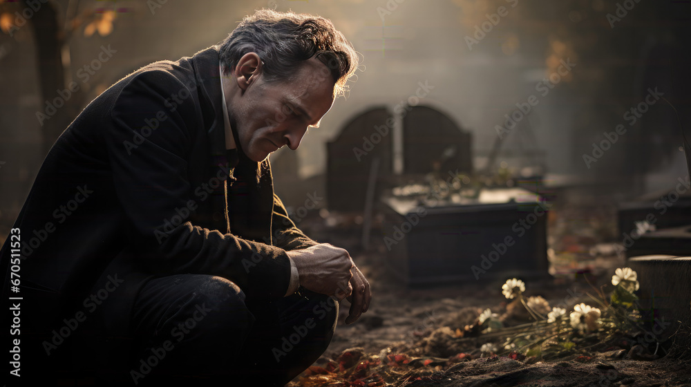 Christian man crying next to a grave with a headstone for a deceased ...