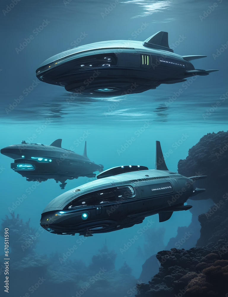 "Design a futuristic underwater transportation hub with submarines and ...