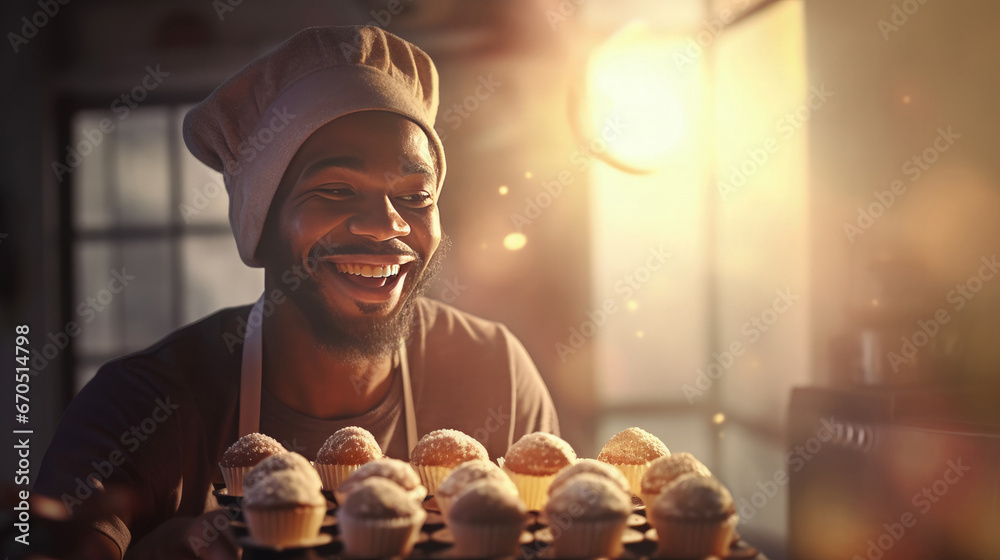 Cheerful black male baker portrait proudly displaying his scrumptious ...