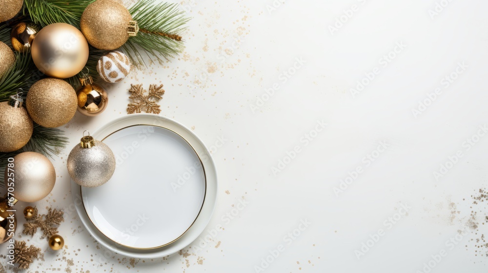 Christmas table setting on a white background with golden decor ...