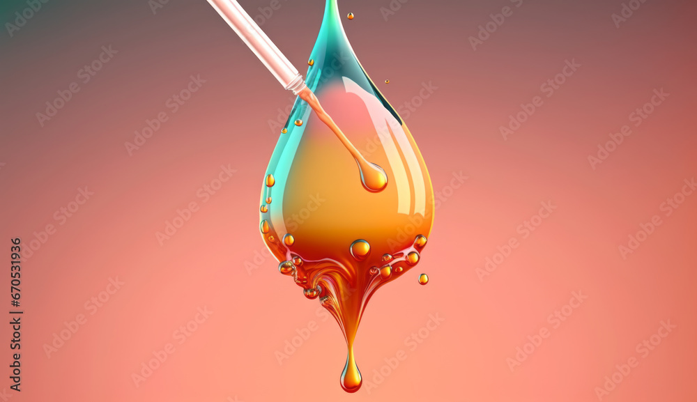 Glass dropper pipette dripping transparent liquid, skincare industry ...