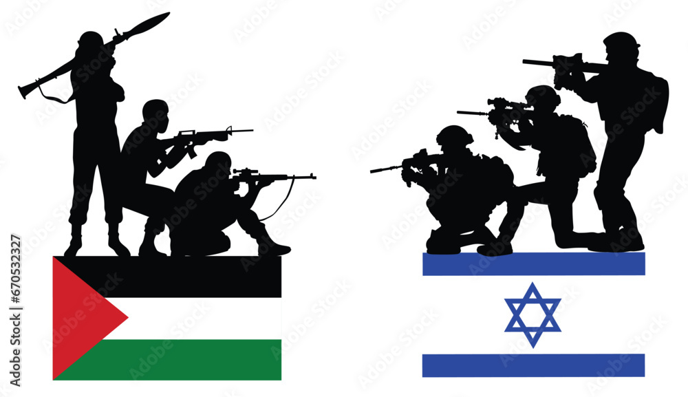 Israeli military against Palestinian military. Silhouettes of military ...