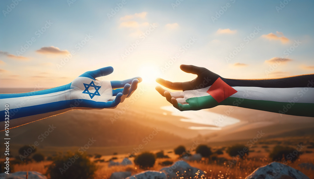 Israel and Palestine National Flags, two hands reaching out to each ...
