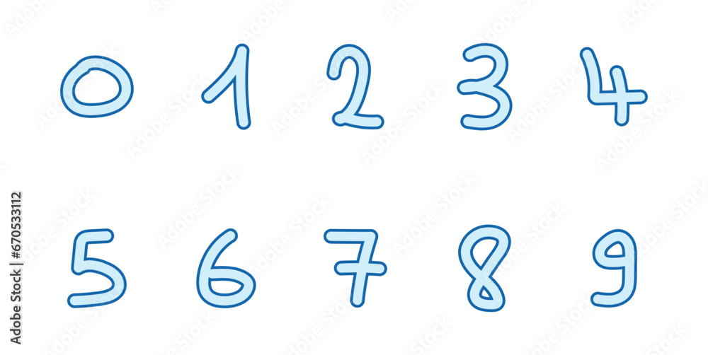 Cartoon set with different numbers 0 to 9. Zero, one, two, three, four ...