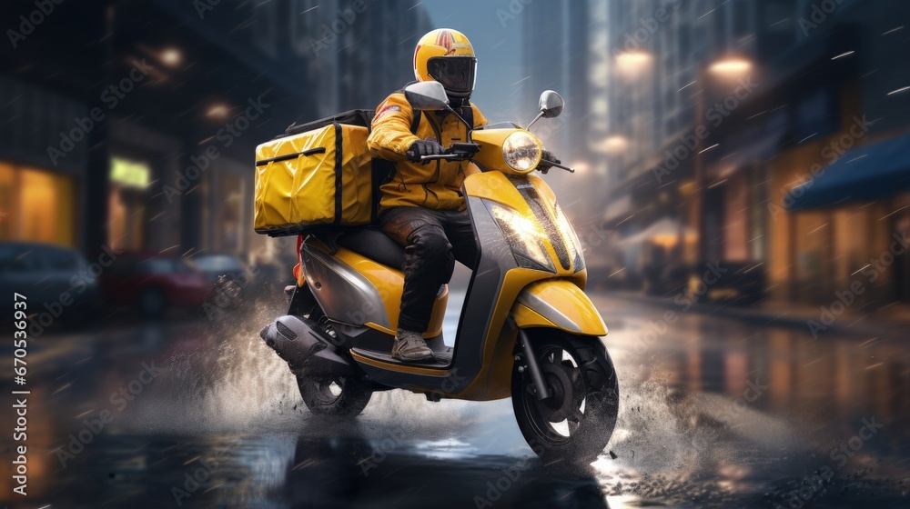 Delivery service from cafes and restaurants, courier on a scooter with ...