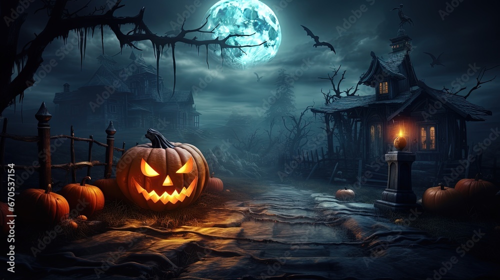 Digital art of Halloween spooky background, scary lantern pumpkin face ...