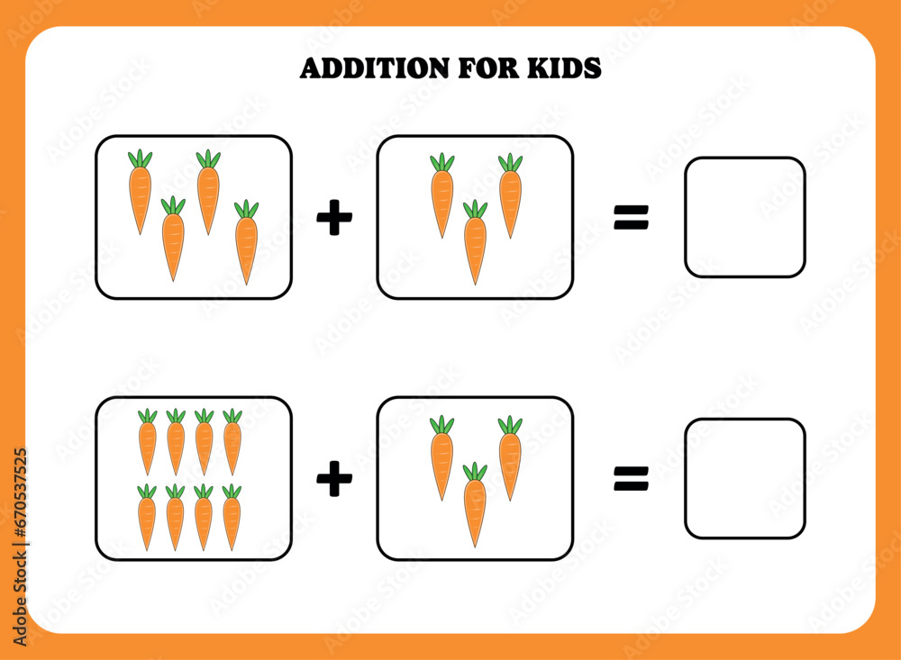 Addition page for kids. Educational math game for children with carrot ...