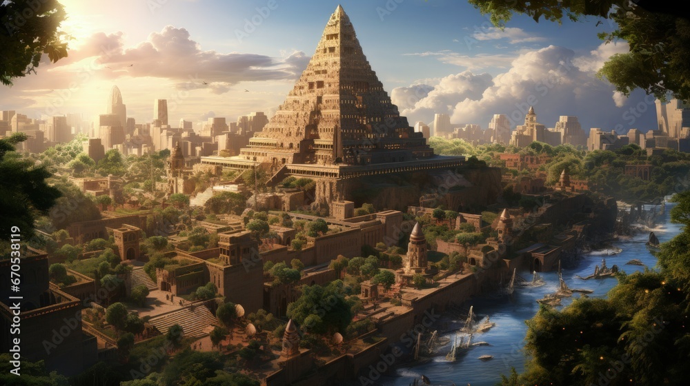 Ancient city of Babylon with the tower of Babel, bible and religion ...